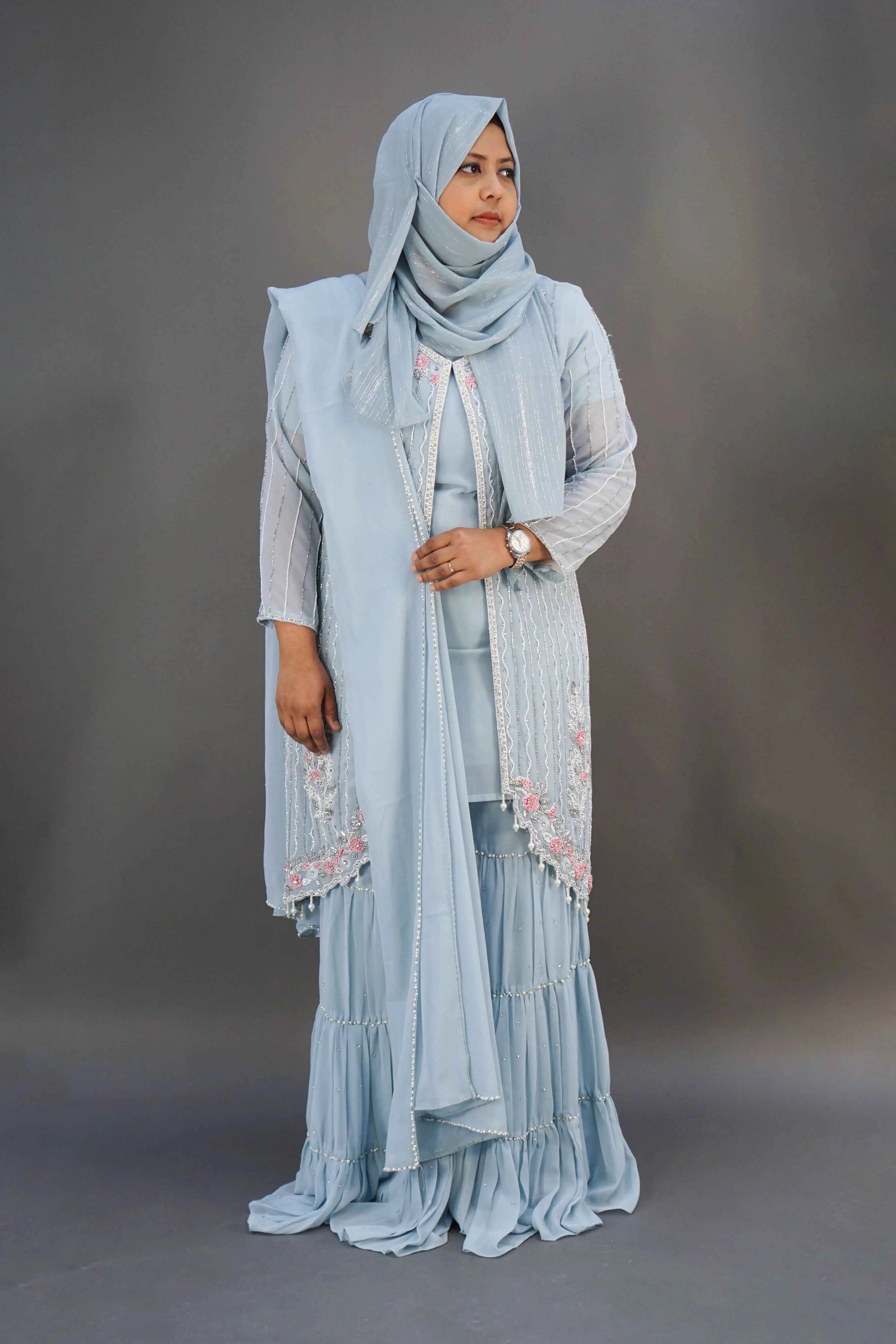 Powder Blue Embroidered Sharara Suit | Elegant Georgette Kurta with ...