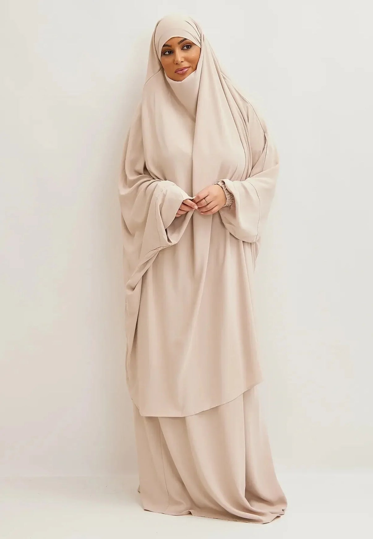 Beige Premium Two Piece Medina Silk Jilbab Set – almanaar Islamic Store