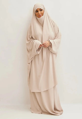 Beige Premium Two Piece Medina Silk Jilbab Set – almanaar Islamic Store