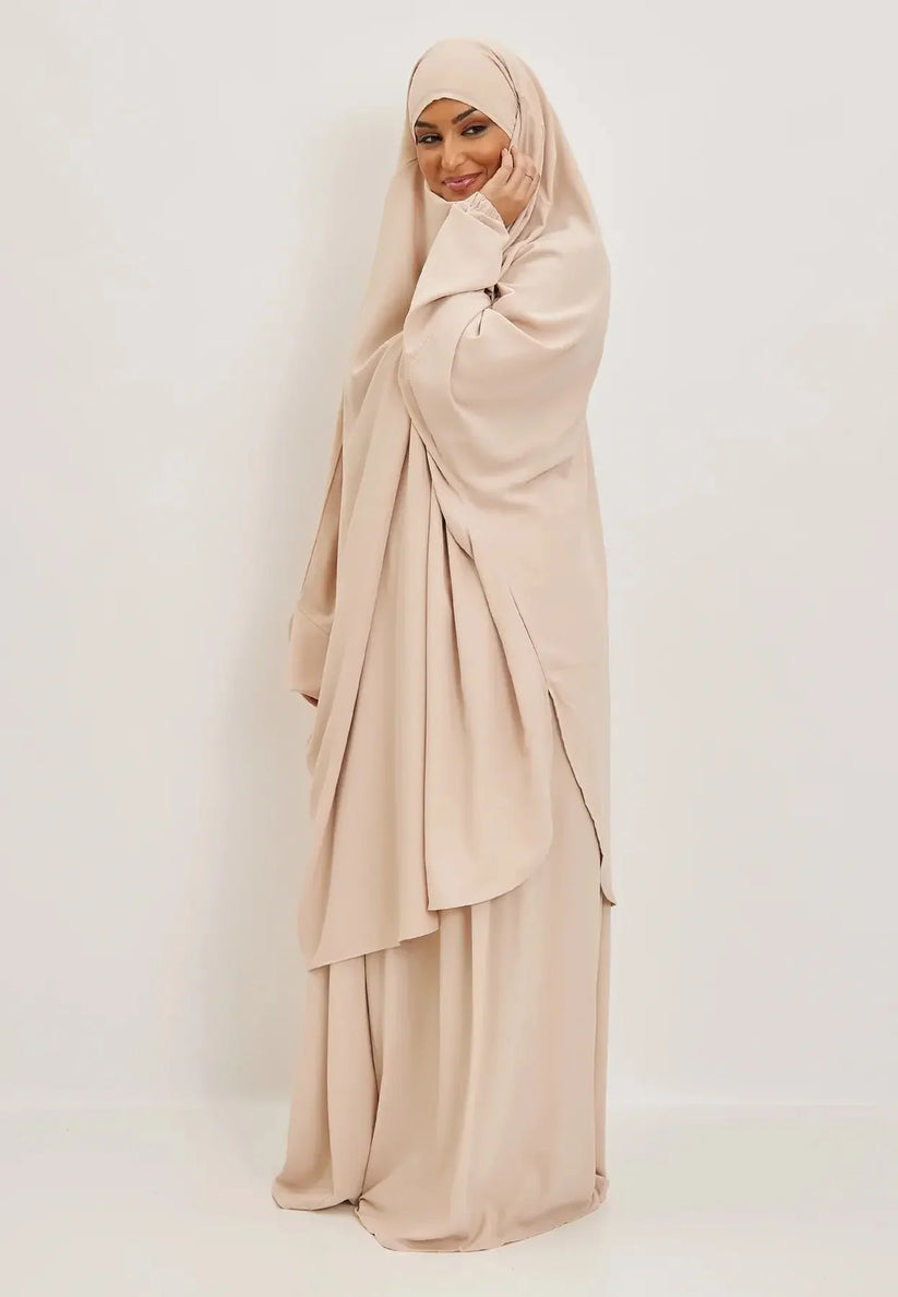 Beige Premium Two Piece Medina Silk Jilbab Set – almanaar Islamic Store