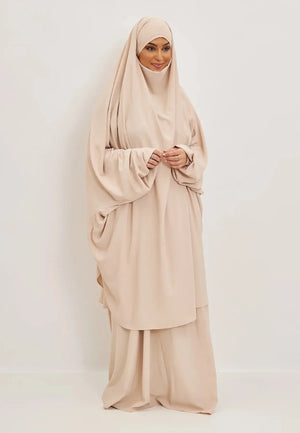 Beige Premium Two Piece Medina Silk Jilbab Set