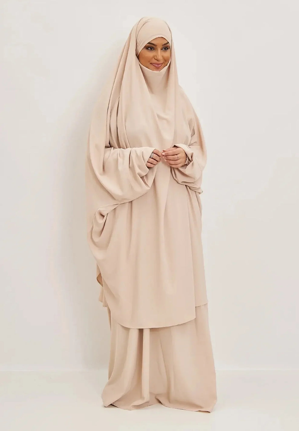 Beige Premium Two Piece Medina Silk Jilbab Set – almanaar Islamic Store