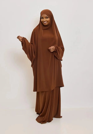 Brown Premium Two Piece Medina Silk Jilbab Set
