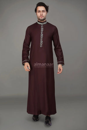 Burgundy Luxury Thobe With Grey Embroidery | almanaar