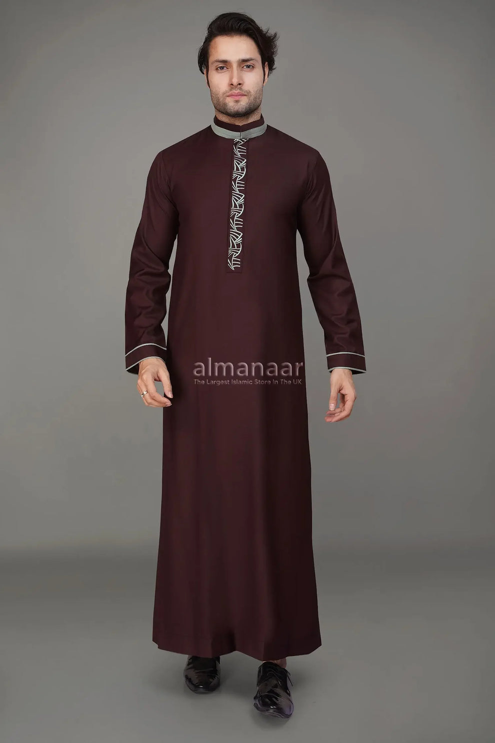 Burgundy Luxury Thobe With Grey Embroidery | almanaar – almanaar ...