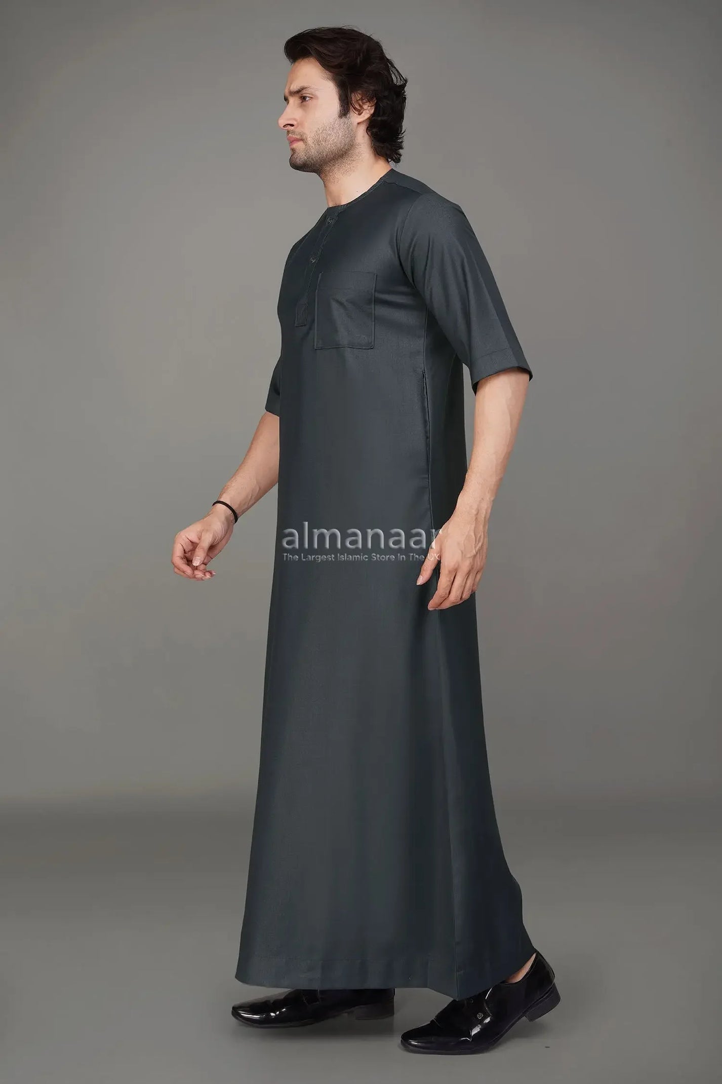 Dark Grey Short Sleeve Thobe With Buttons | Almanaar Islamic Store ...