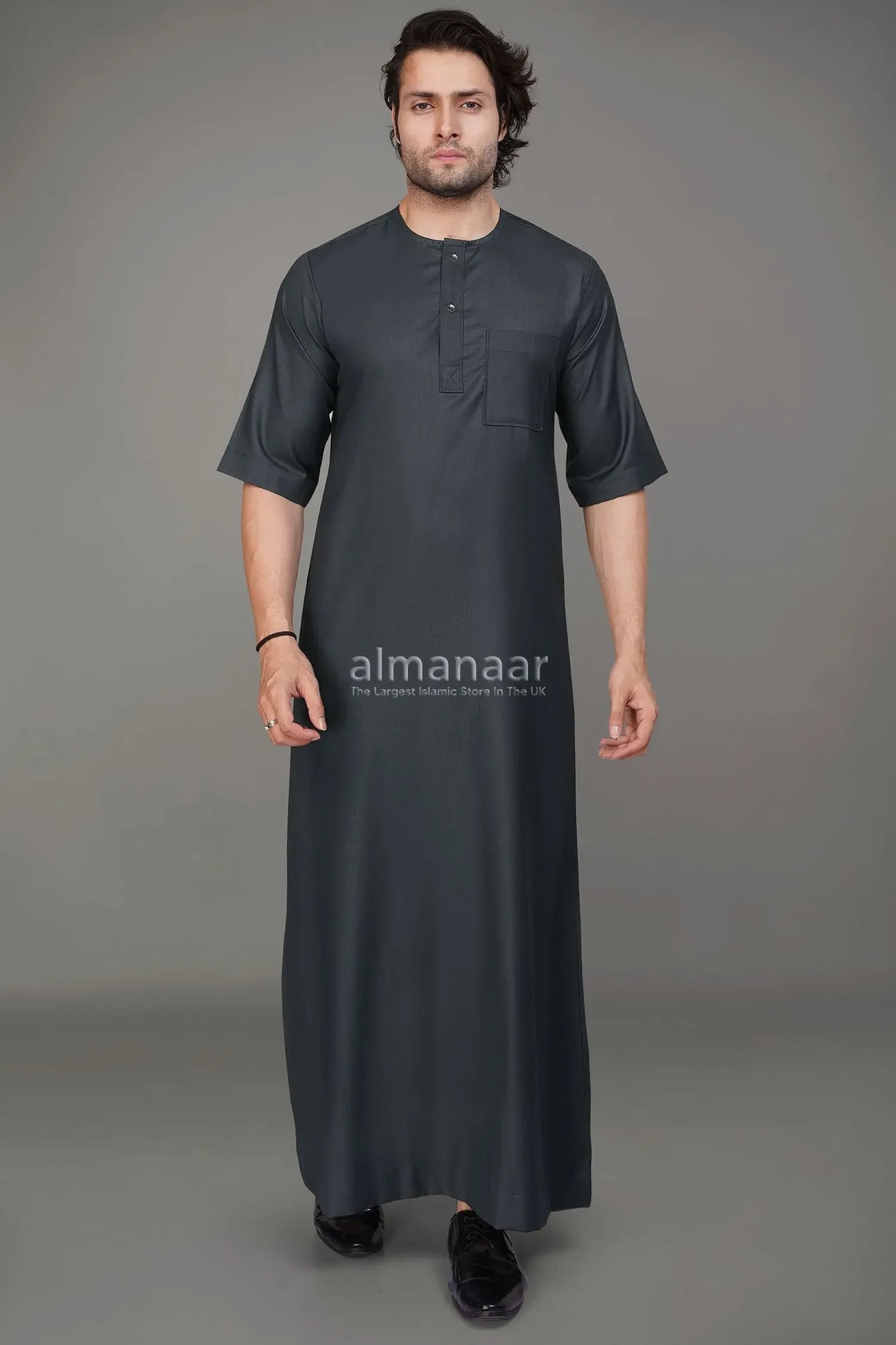 Dark Grey Short Sleeve Thobe With Buttons | Almanaar Islamic Store ...
